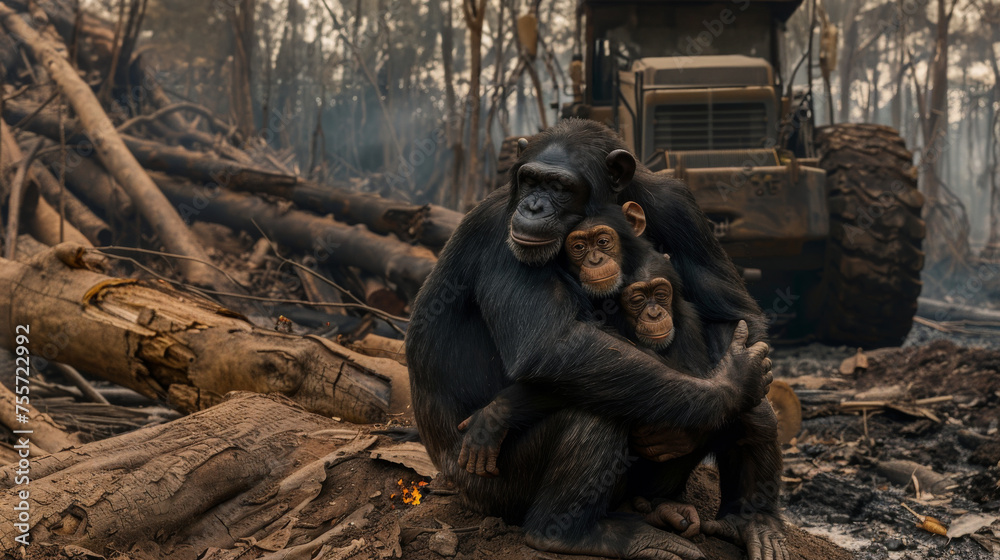 A family of chimpanzees hugged each other in a fire-ravaged forest ...
