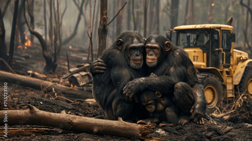 A family of chimpanzees hugged each other in a fire-ravaged forest ...