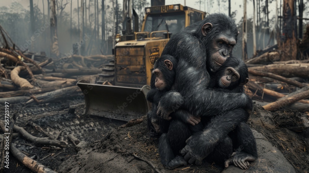 A family of chimpanzees hugged each other in a fire-ravaged forest ...