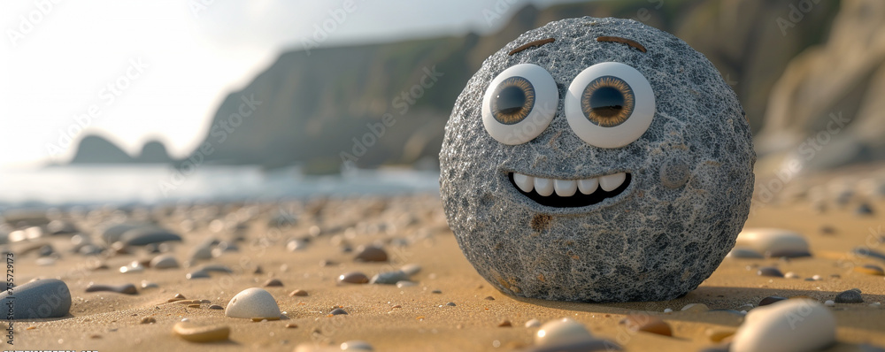 Quirky round tumbled beach rocks with googly eyes on a sandy coastal ...