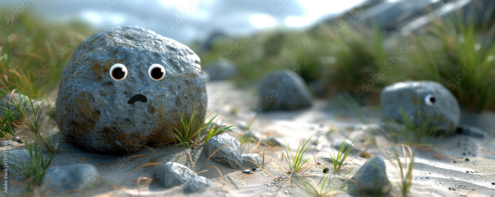 Quirky round tumbled beach rocks with googly eyes on a sandy coastal ...