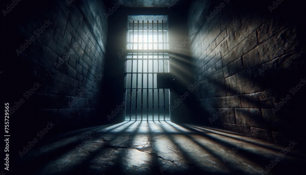 Dark prison cell with light rays passing through a barred window, creating shadows Stock ...