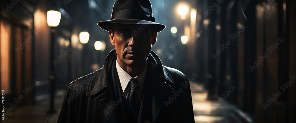In the dimly lit alley, a spellbound detective stands under the glow of ...