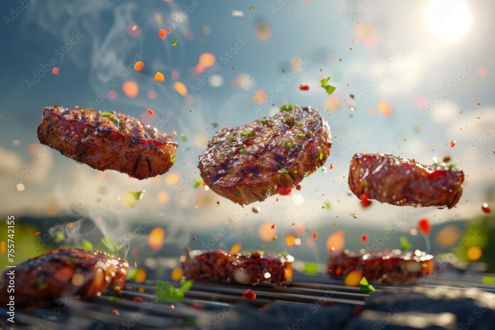 Grill Pork Chops steaks. realistic 3d brisket flying in the air ...