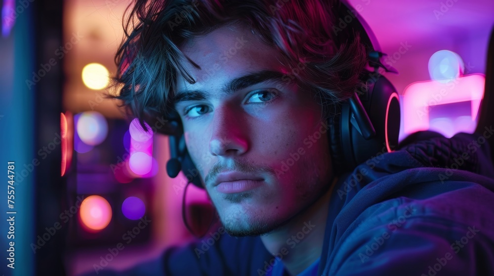 Foto de Professional male gamer streams live with neon lights in a ...