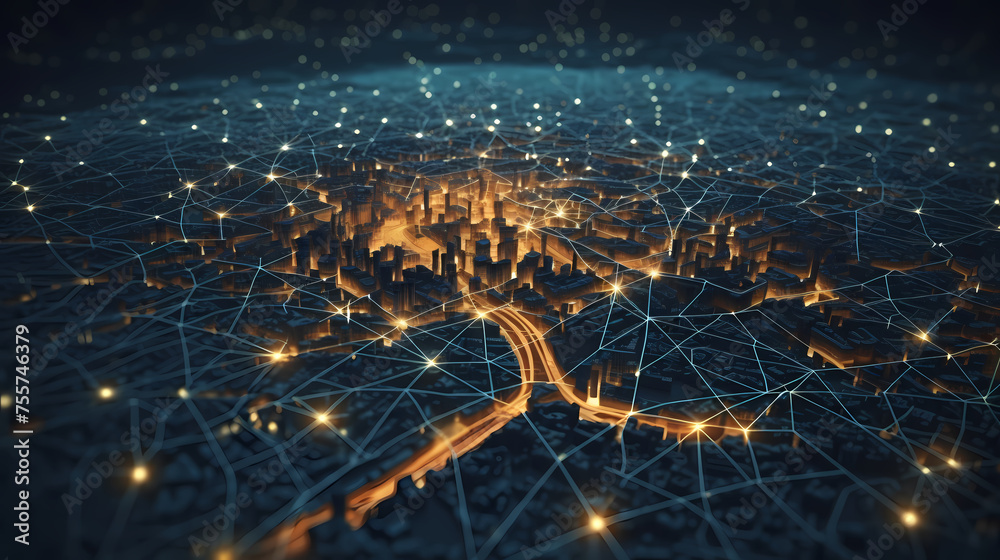 City plan with glowing city map and infrastructure grid, city map ...