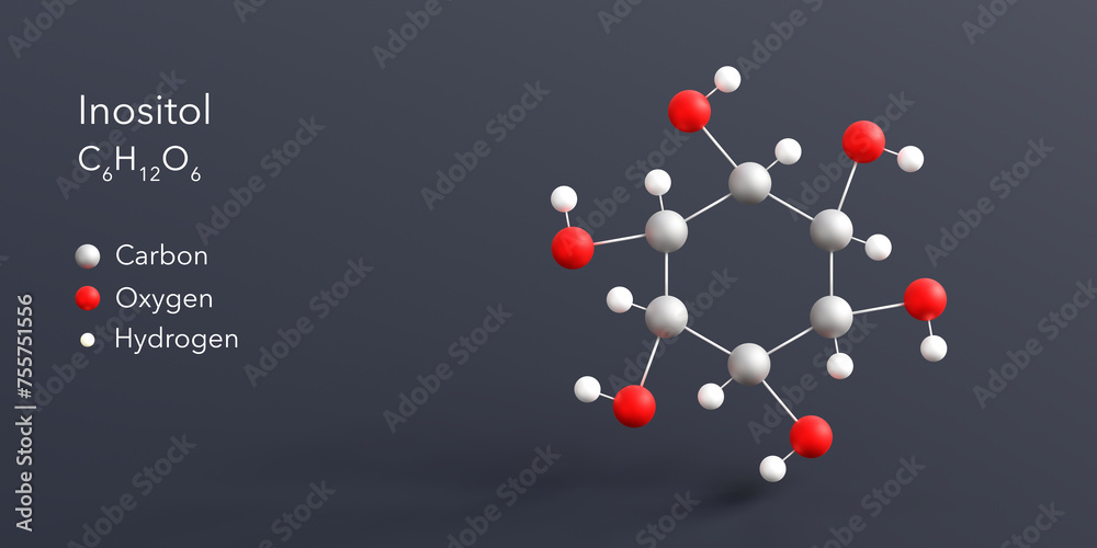 inositol molecule 3d rendering, flat molecular structure with chemical ...