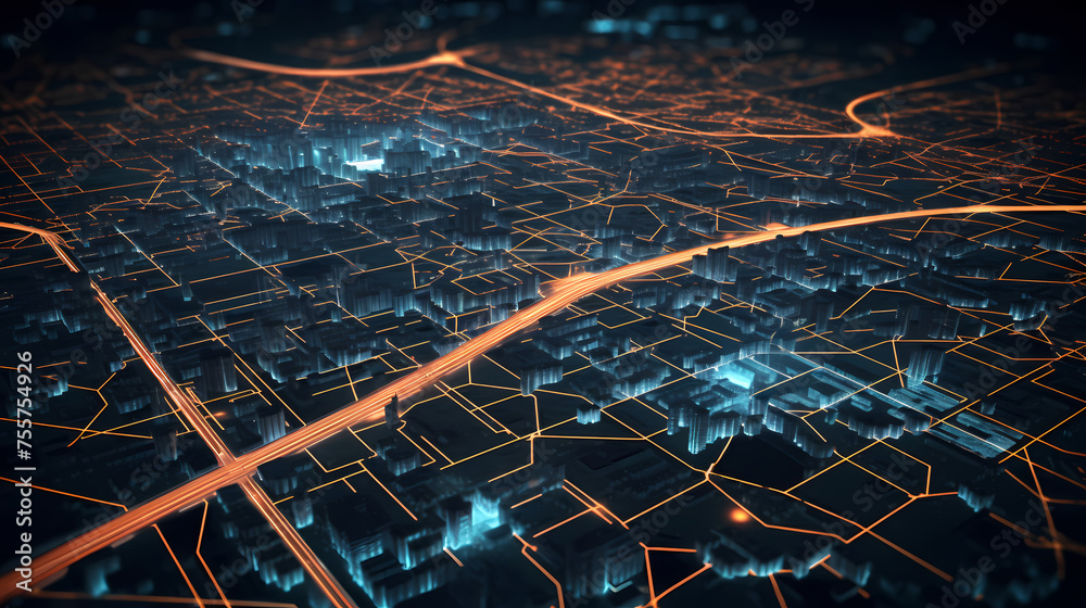 City map illustration, visualization of interconnected nodes in ...