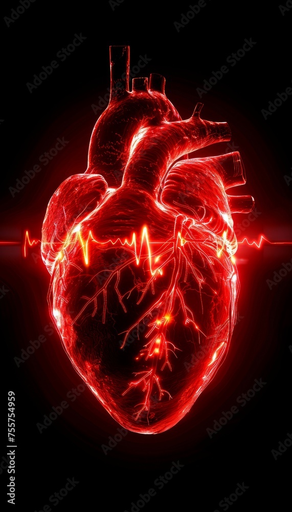Digital red pulse line on human heart shape, black background, health ...