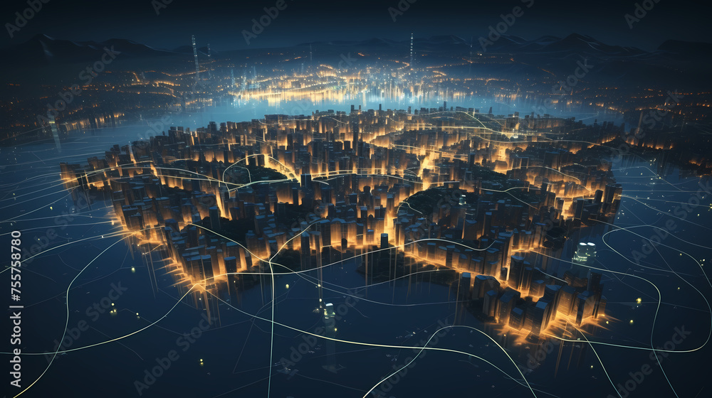 City map illustration, visualization of interconnected nodes in ...