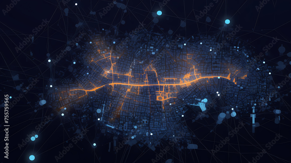City map illustration, visualization of interconnected nodes in ...