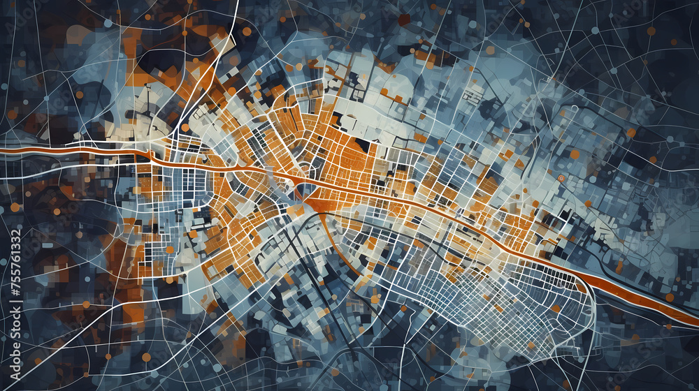 City map illustration, visualization of interconnected nodes in ...