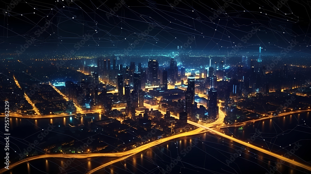 City map illustration, visualization of interconnected nodes in ...