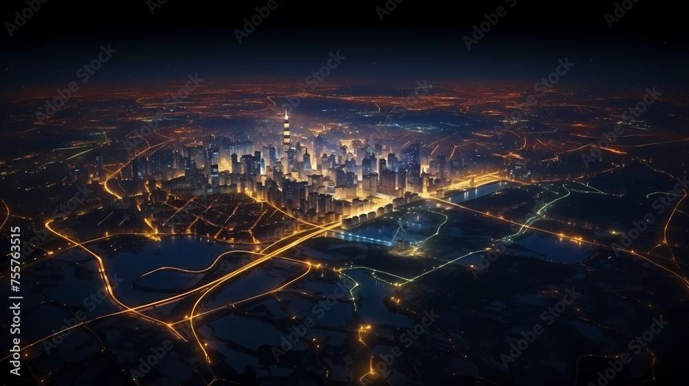 City map illustration, visualization of interconnected nodes in ...