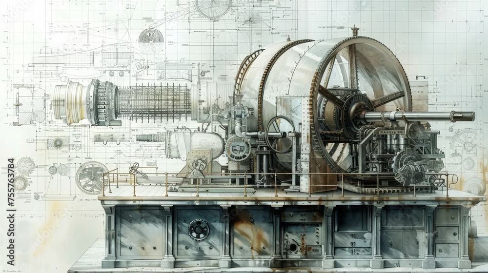 Schematic diagrams of intricate machines, workings of engineering ...