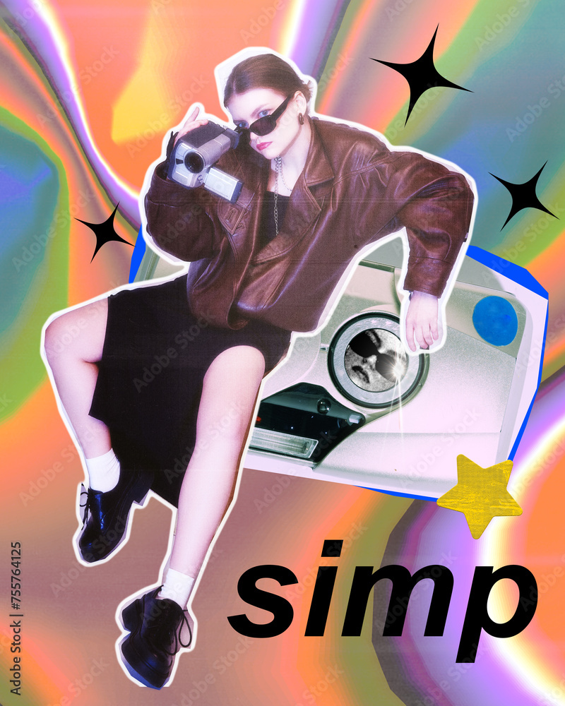 Stylized model with vintage camera, leather jacket and retro background ...