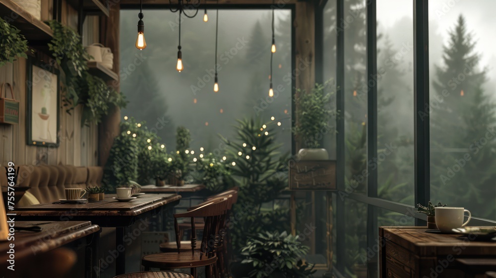 A realistic image of a cafe blending modern and rustic cabin styles ...