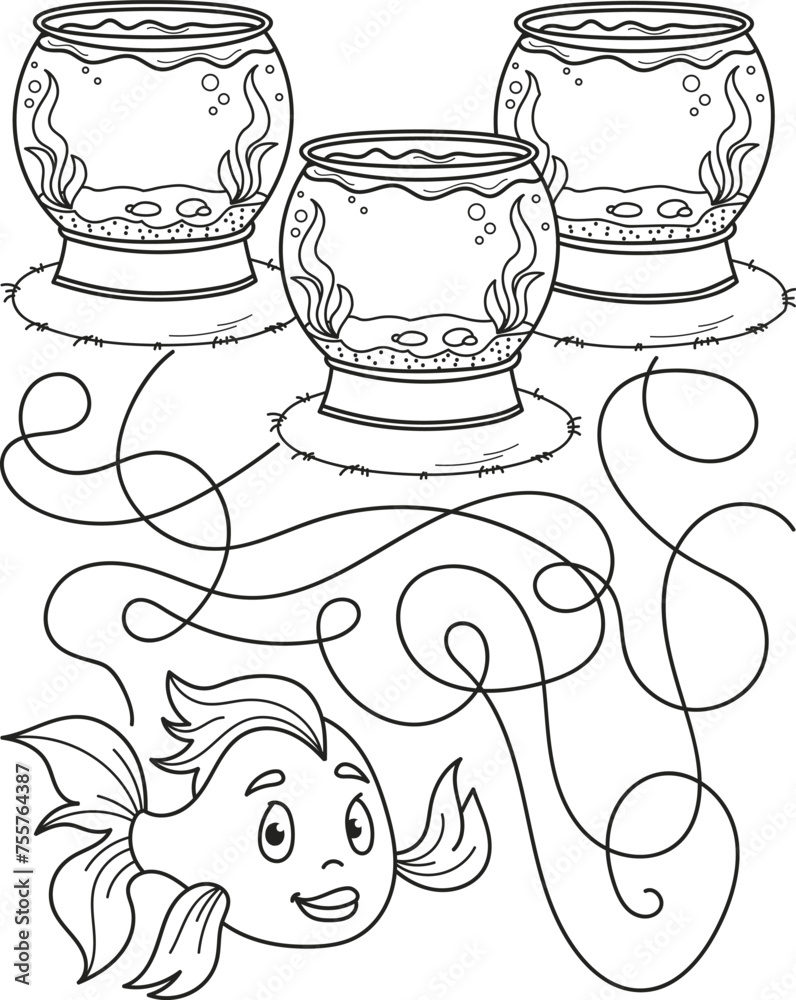 Help the fish to find the aquarium. Coloring page outline of the ...