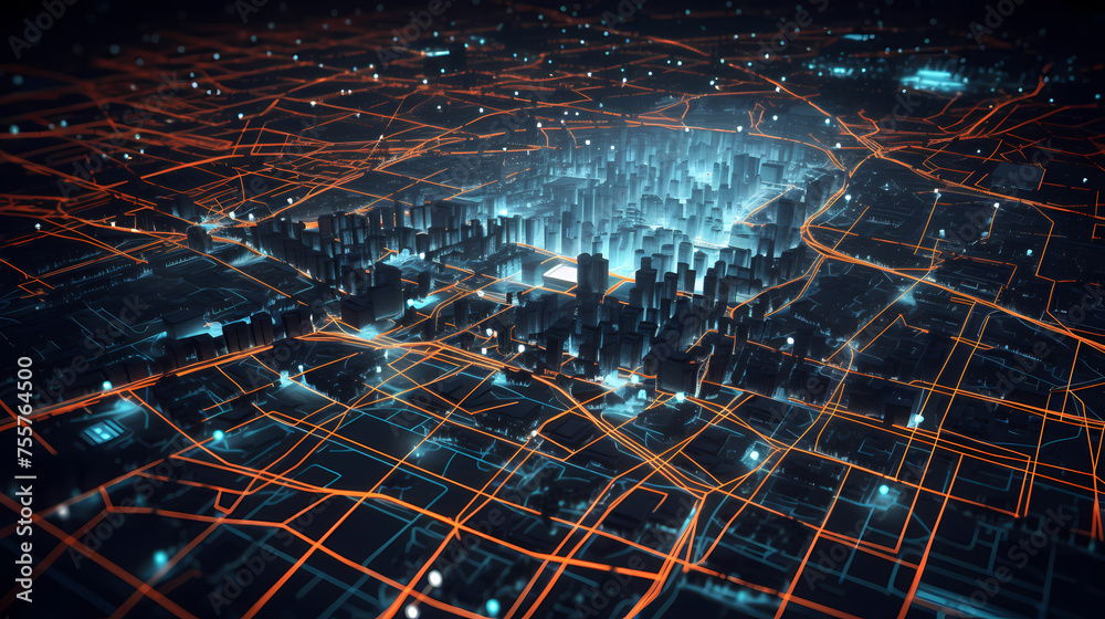 City map illustration, visualization of interconnected nodes in ...