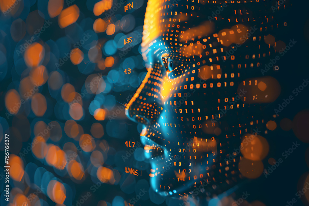 Female face with matrix digital numbers artifical intelligence AI theme ...