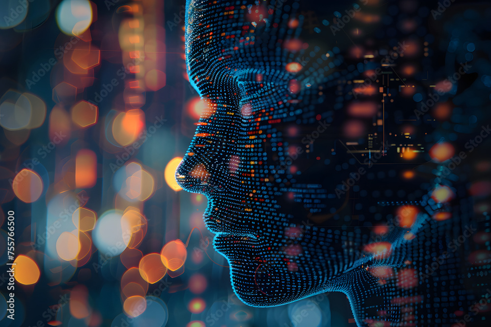 Female face with matrix digital numbers artifical intelligence AI theme ...