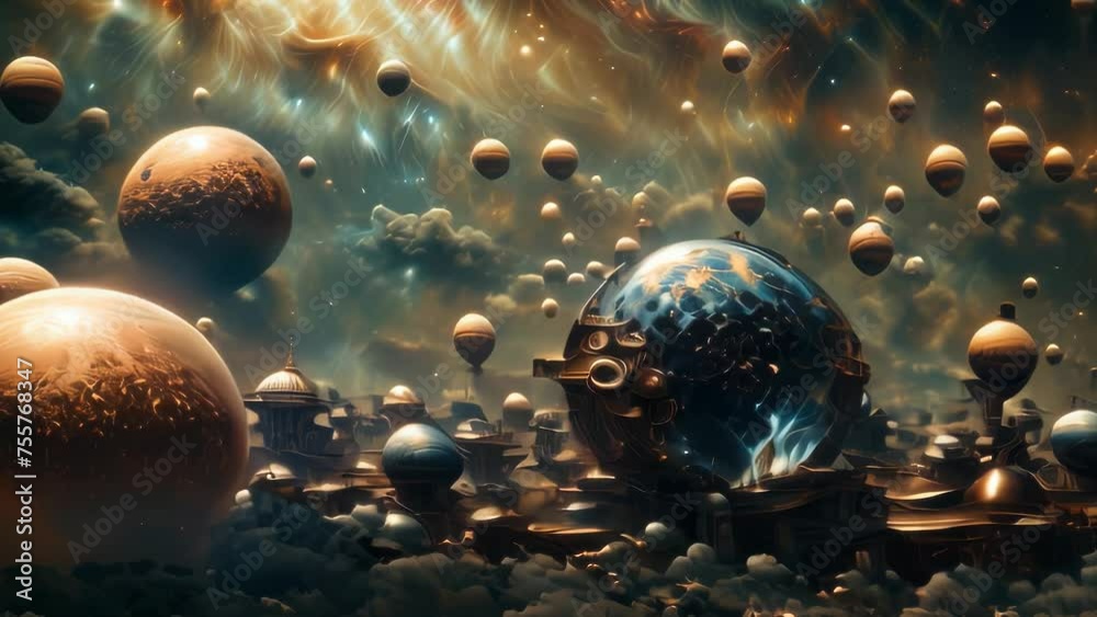 Video animation of fantastical scene of numerous spherical objects ...