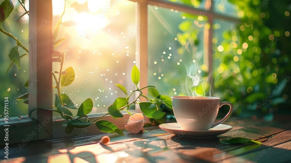 Early morning tea time is illuminated by the golden sunrise in a ...