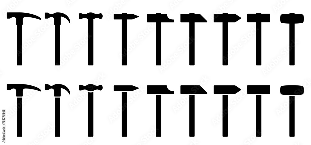 Mallet icon. Types of hammers: claw hammer, bench hammer, sledge hammer ...