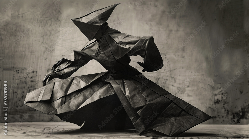 Paper ninja in the style of an origami puppet in a dramatic pose ...