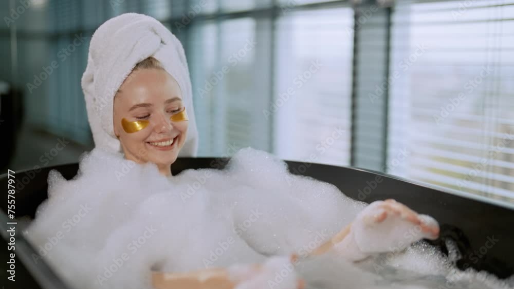 Girl Enjoying Taking Bath With Foam Smiling Positive Woman With Eye