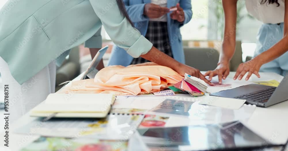 Business people, hands and fashion designer with team with swatches ...