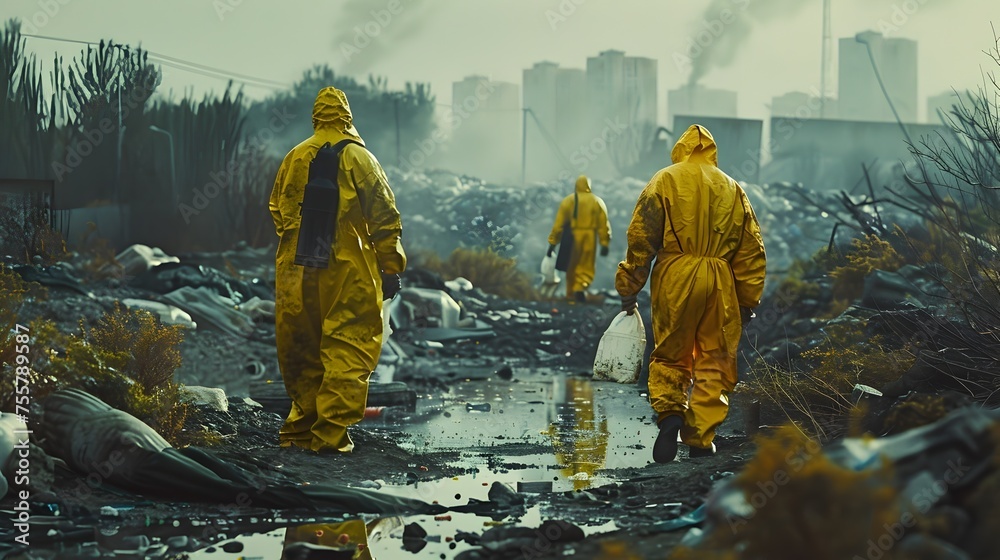 Surreal Dystopian Landscape of Landfill and Workers in Hazmat Suits ...