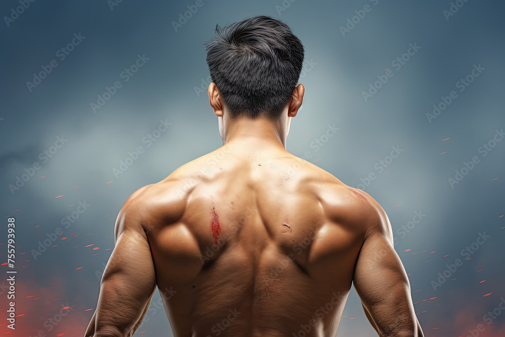 The muscular back of a male athlete with scars and a fresh scratch on a ...