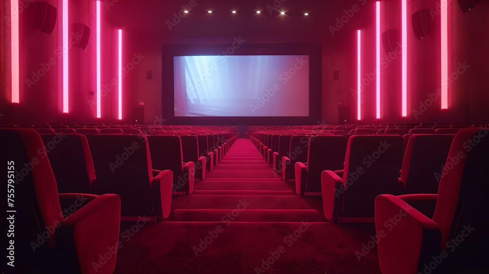 Empty movie theater interior with red seats and illuminated aisles ... Empty movie theater interior with red seats and illuminated aisles ...