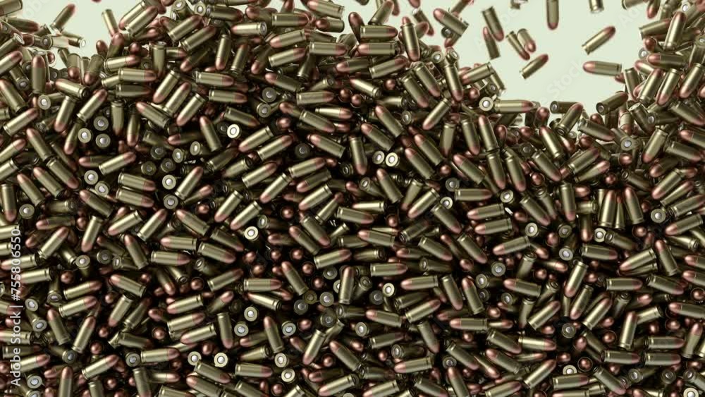 A lot bullets falling down. Ammunition drooping and stacking. Many ammo ...