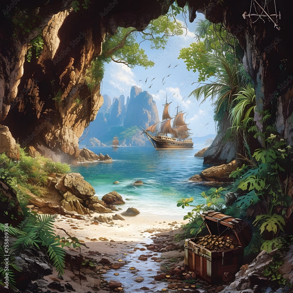 Pirate Cove Background: Hidden treasure chests, rugged cliffs, and ...