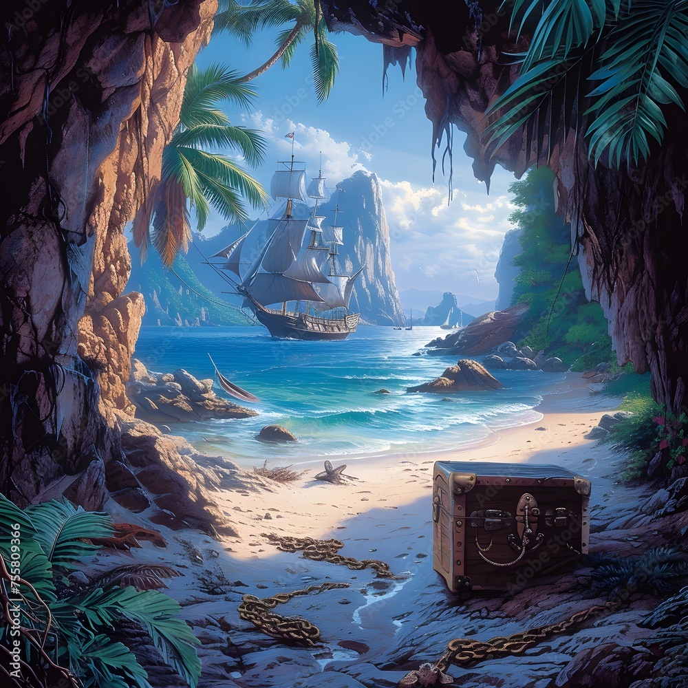 Pirate Cove Background: Hidden treasure chests, rugged cliffs, and ...