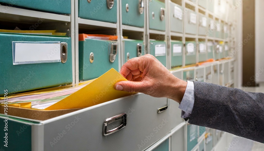 A hand is shown pulling a file from an organized open filing cabinet ...