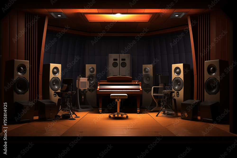 Recording booth with a grand piano and studio monitors displaying ...