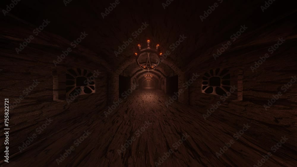moving forward along the endless dark corridor of a stone medieval ...