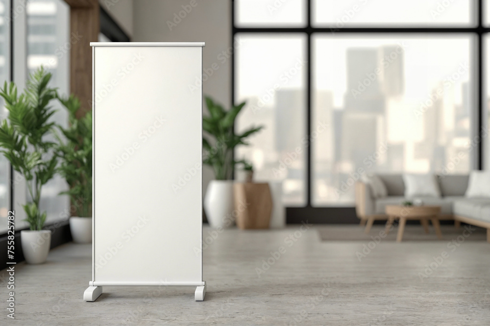 Pull up banner mockup stands in modern office lobby with plants and ...