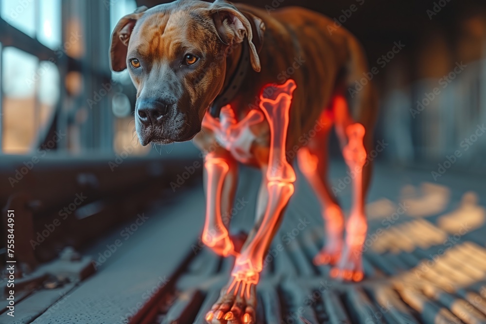 German boxer walking inside building close up photo. Red illuminated X ...