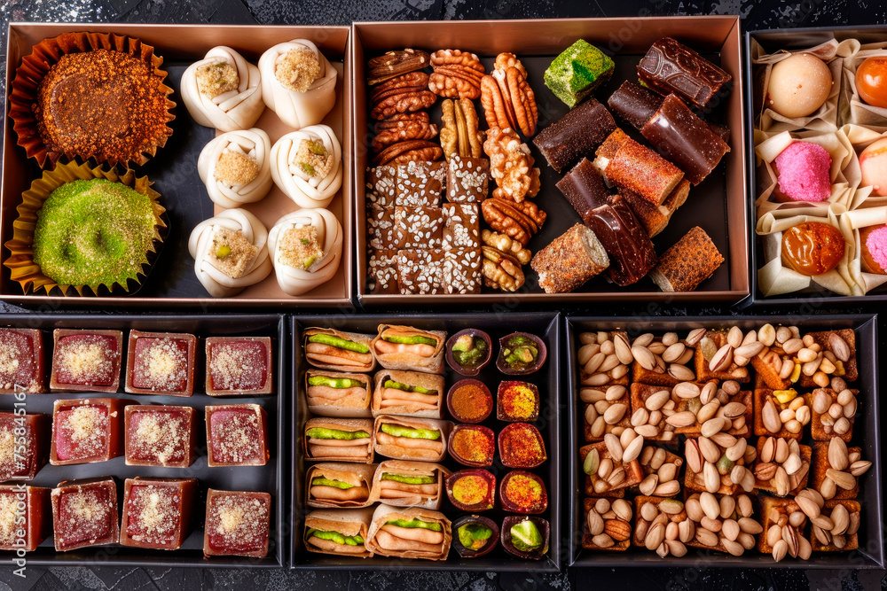 Arabic sweets boxes.Top view showing several shapes and types of ...