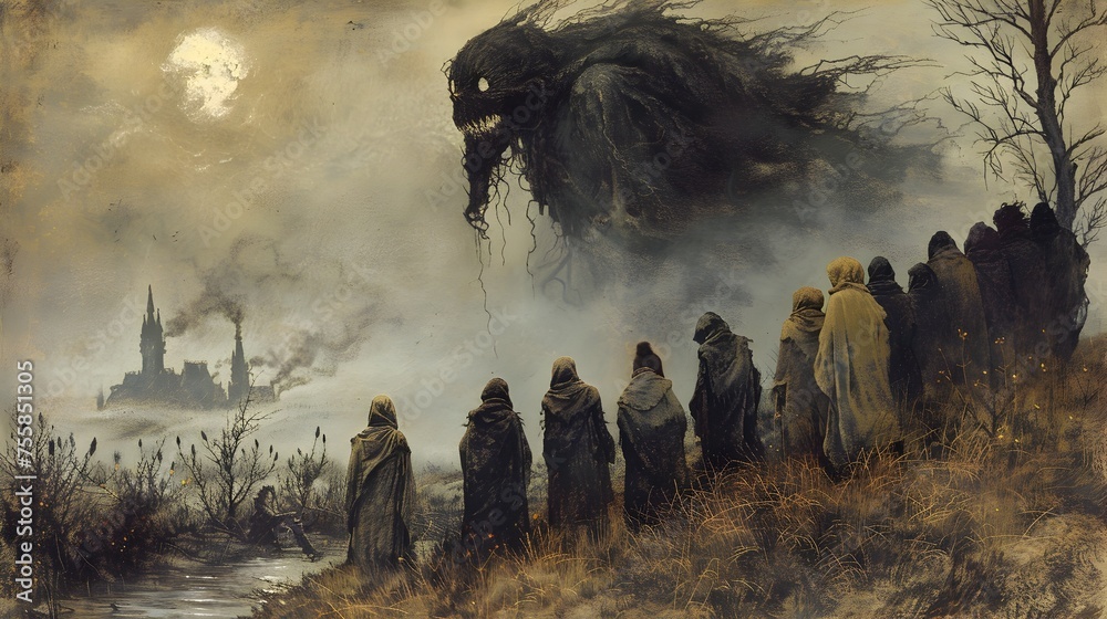 Gothic Realism Painting of People Surrounding a Monster in the Snow ...