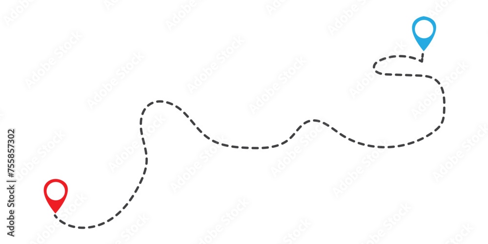 Route between two map pointers. Vector illustration of road from start ...