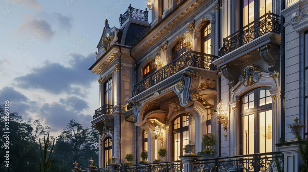 An opulent Victorian home's facade, featuring lavish scrollwork and ...