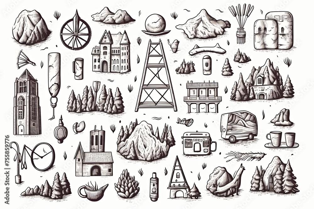 Travel and tourism doodle illustration and hand drawn vacation holiday ...