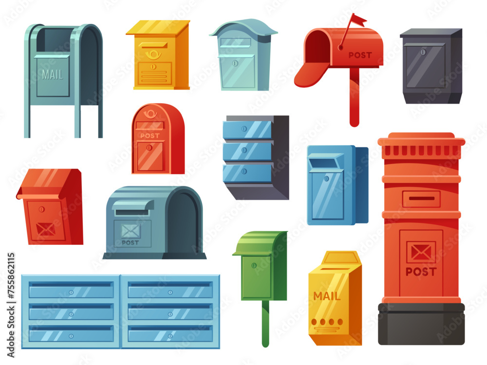 Cartoon postal mailboxes. Traditional curbside mailbox, wall mounted ...