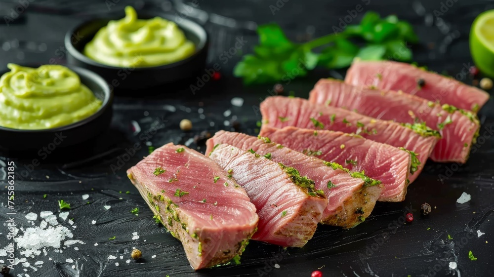 Seared tuna steaks with avocado puree - Tuna steaks perfectly seared ...