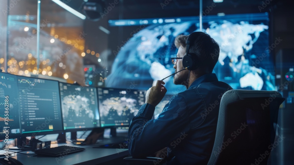 Ilustrace „Futuristic command center with world map - Scene depicts a ...